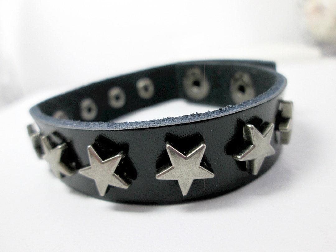 Punk Rock Star Leather Bracelet, Adjustable Star Bracelet, Leather Cuff ...
