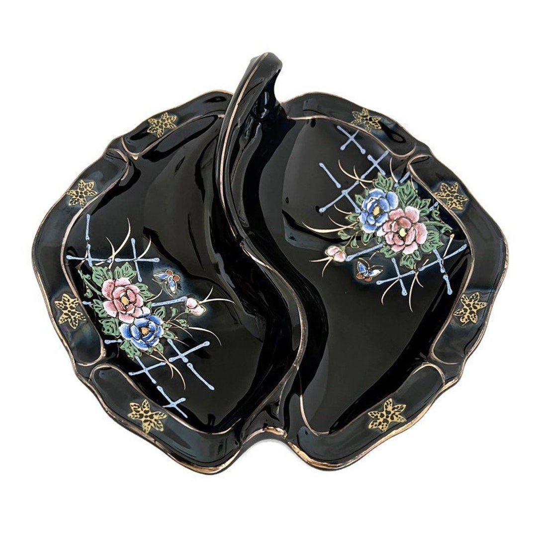 Black Glazed Redware 1940s | Divided Bowl With Handle | Hand Painted ...