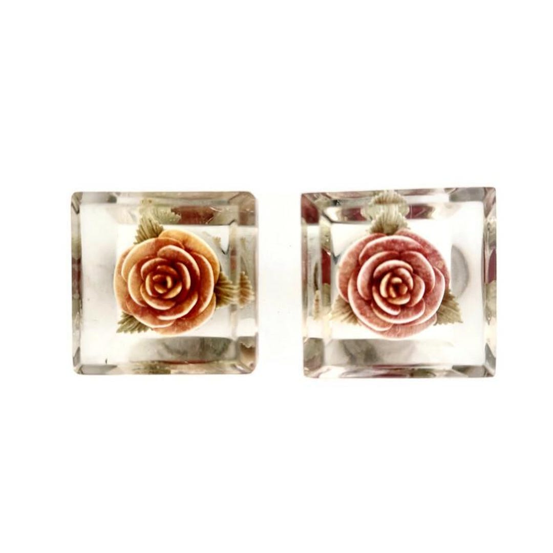 Lucite Door Knob Set With Pink Roses 1940s | Contoured Square Door ...