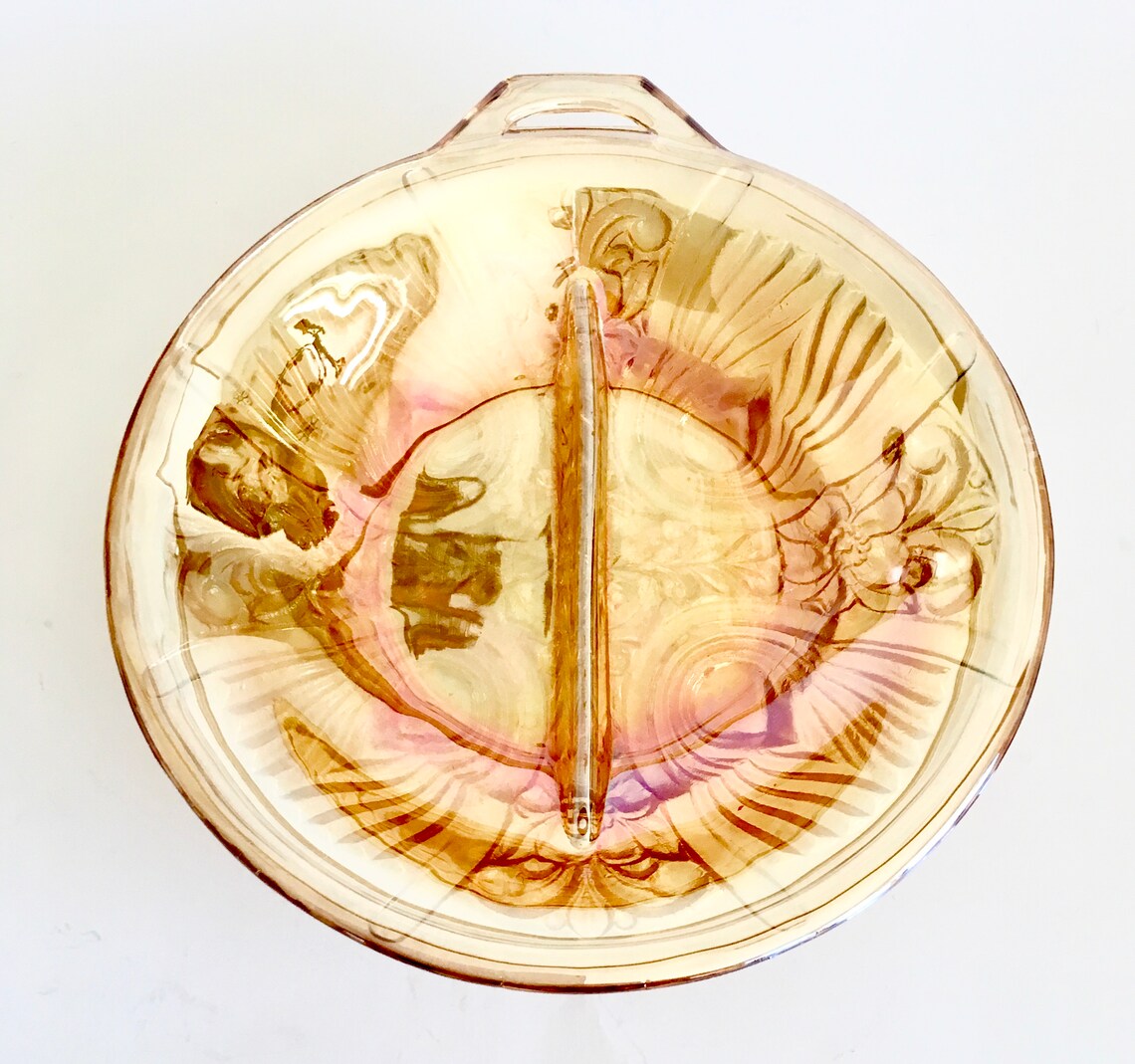 Amber Glass Divided Bowl 1950s Iridescent Carnival Glass - Etsy