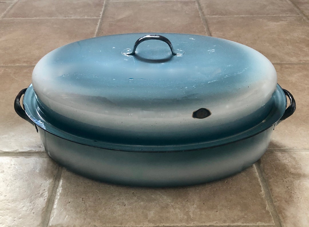 Blue Enamelware Covered Roaster | French Enamel Roasting Pan With Lid ...