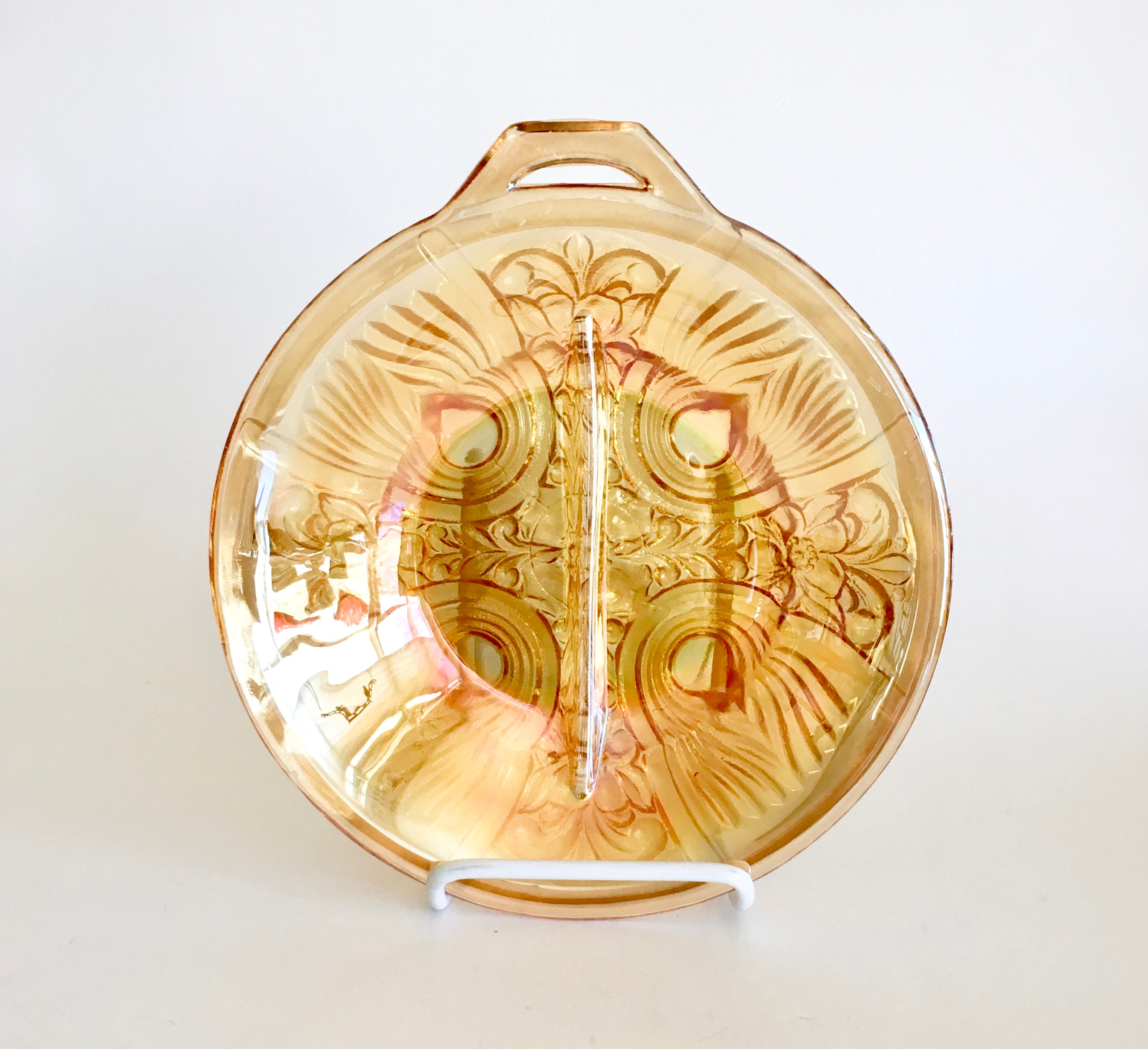 Amber Glass Divided Bowl 1950s Iridescent Carnival Glass - Etsy