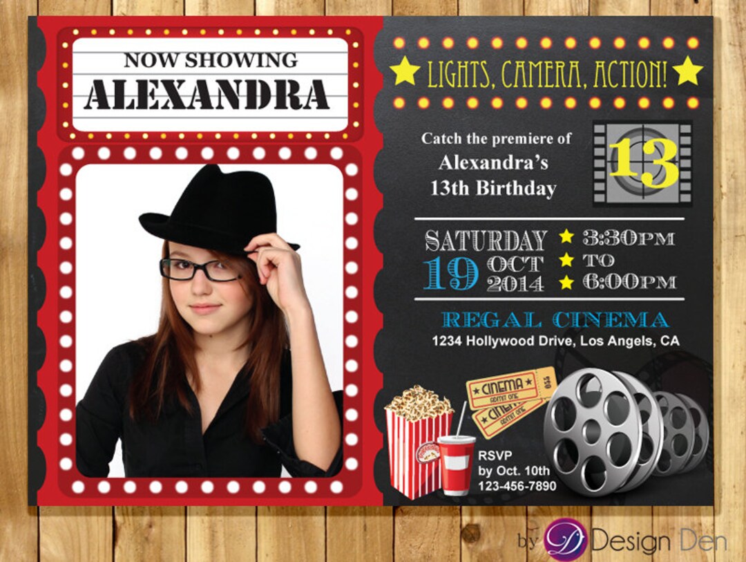 Movie Birthday Party PHOTO Invitations. Kids/ Cinema Hollywood Themed ...