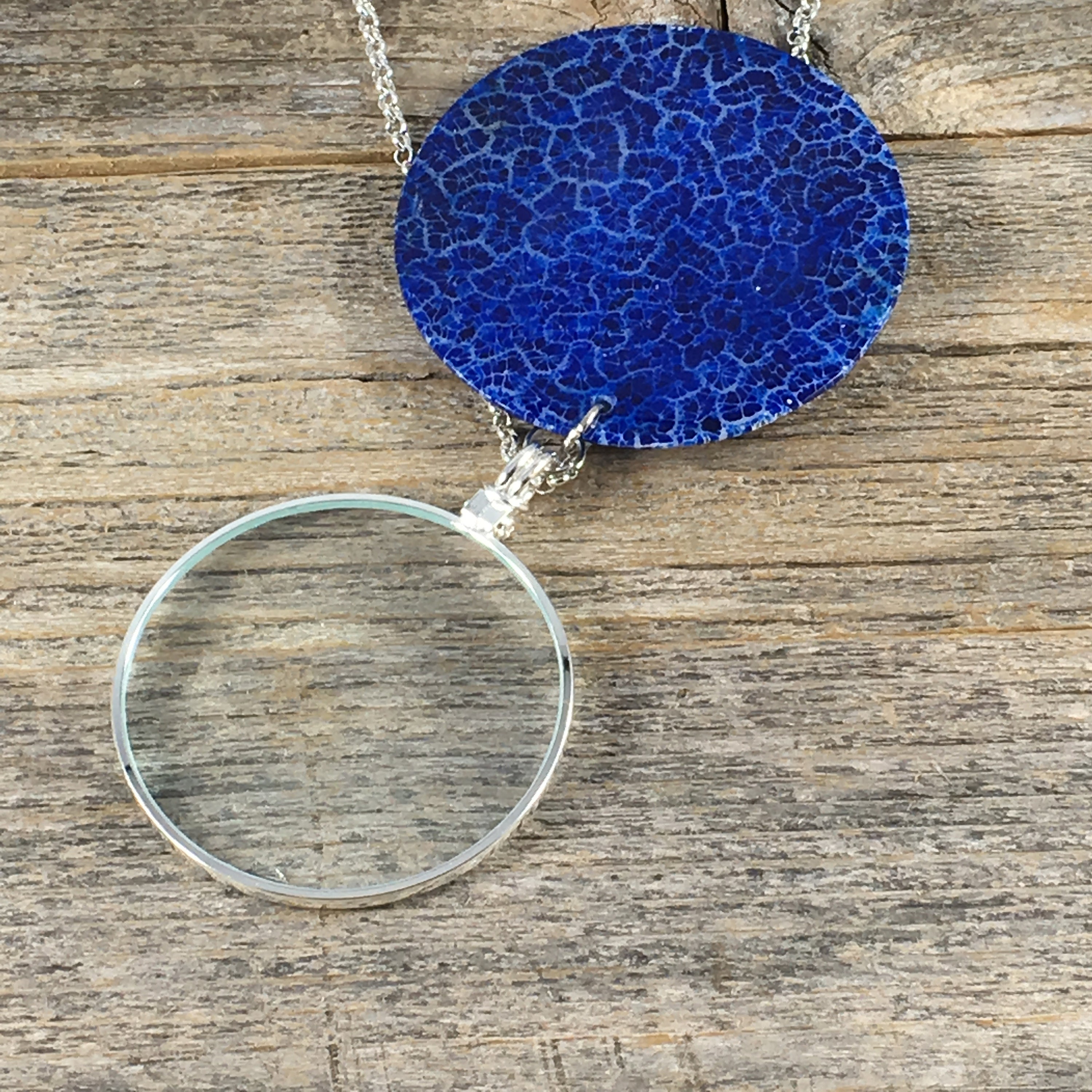 Magnifying Glass Necklace with Shell Detail Pendant, Monocle Necklace