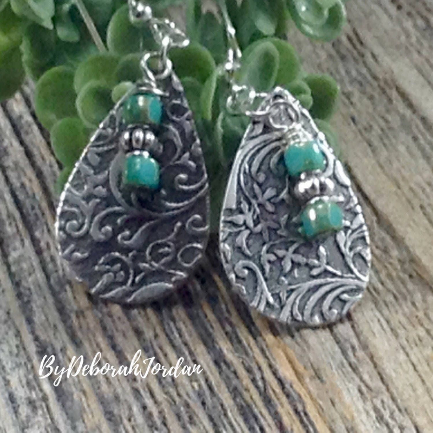 Etched Pewter with Turquoise Glass Bead Earrings