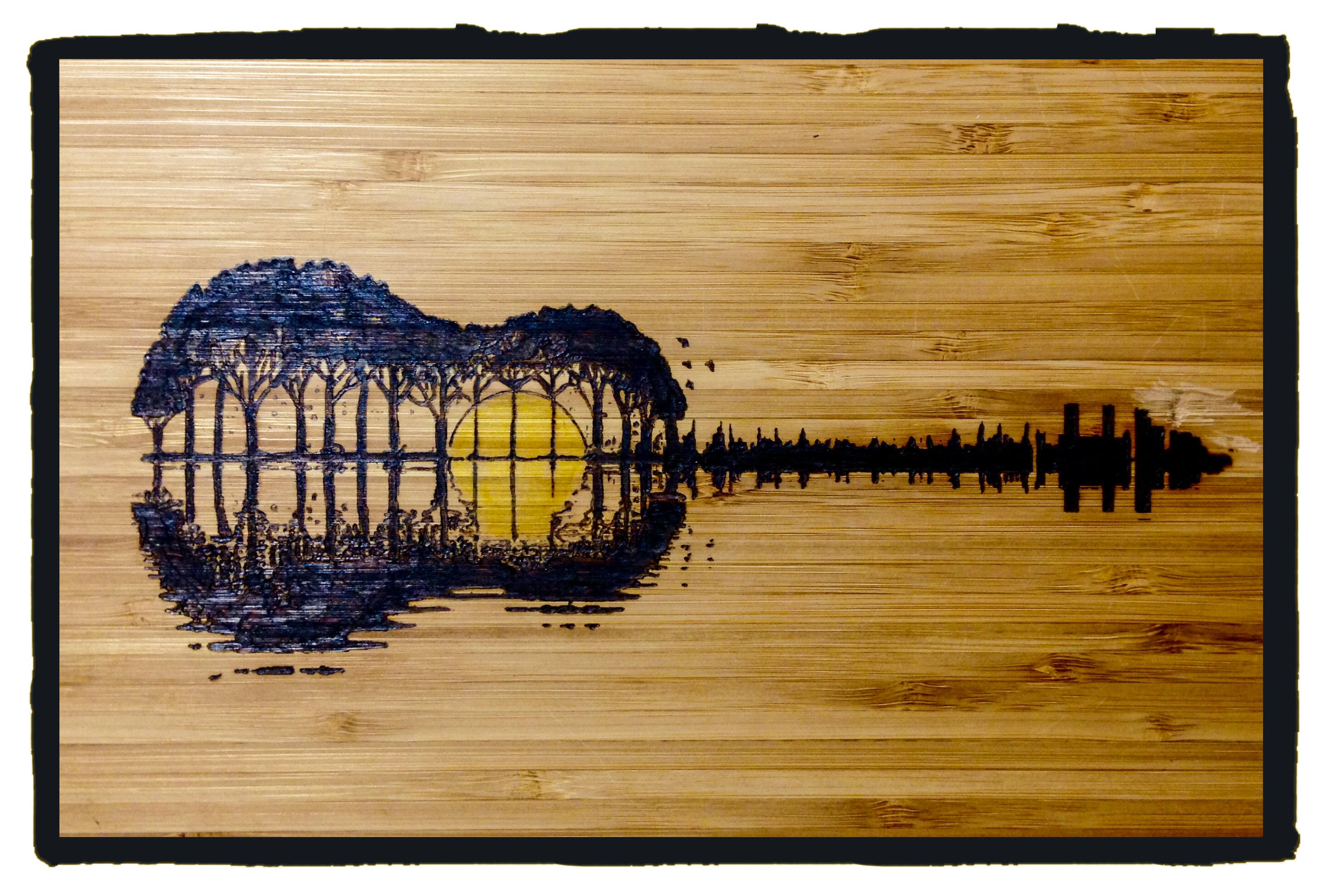 Sunset Guitar Reflection Wood Burn Bamboo Cutting Cheese | Etsy