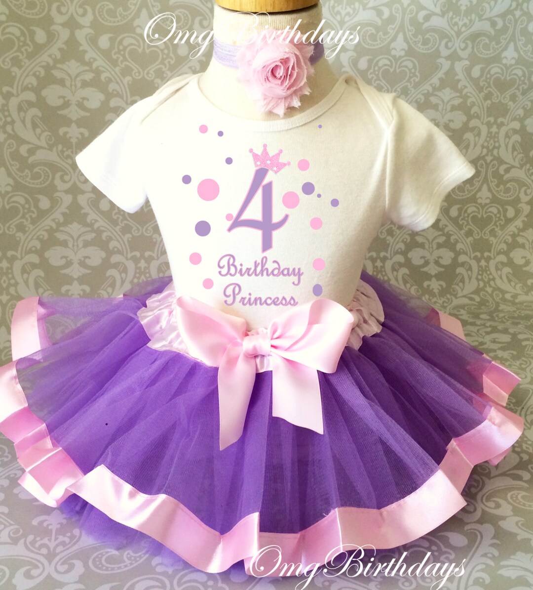 Birthday Lavender Purple Pink Princess Crown Polka Dots Age Fourth ...