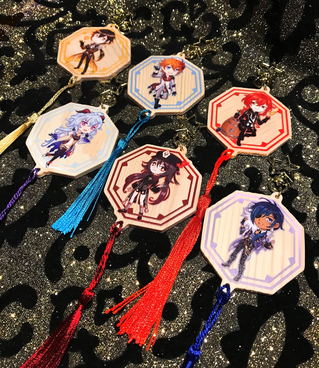 Genshin Impact Fan Art Wooden Charms Set Gacha Hu Tao, Ganyu, Zhongli ...