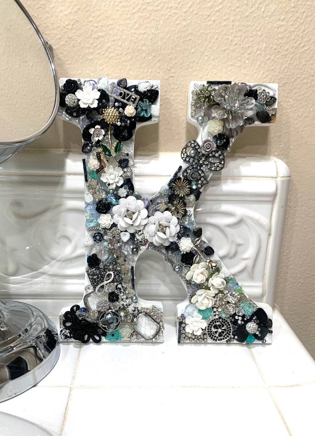 Large 9x6 Jeweled Letter K, Black White Floral Mosaic, Bedazzled Letter ...