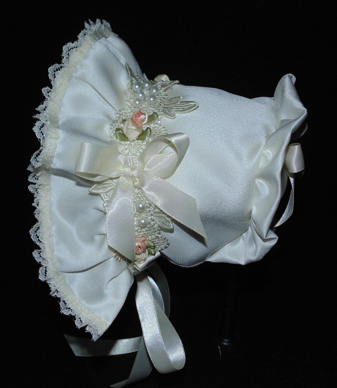Ivory Satin With Roses and Pearls Trim Baby Bonnet - Etsy