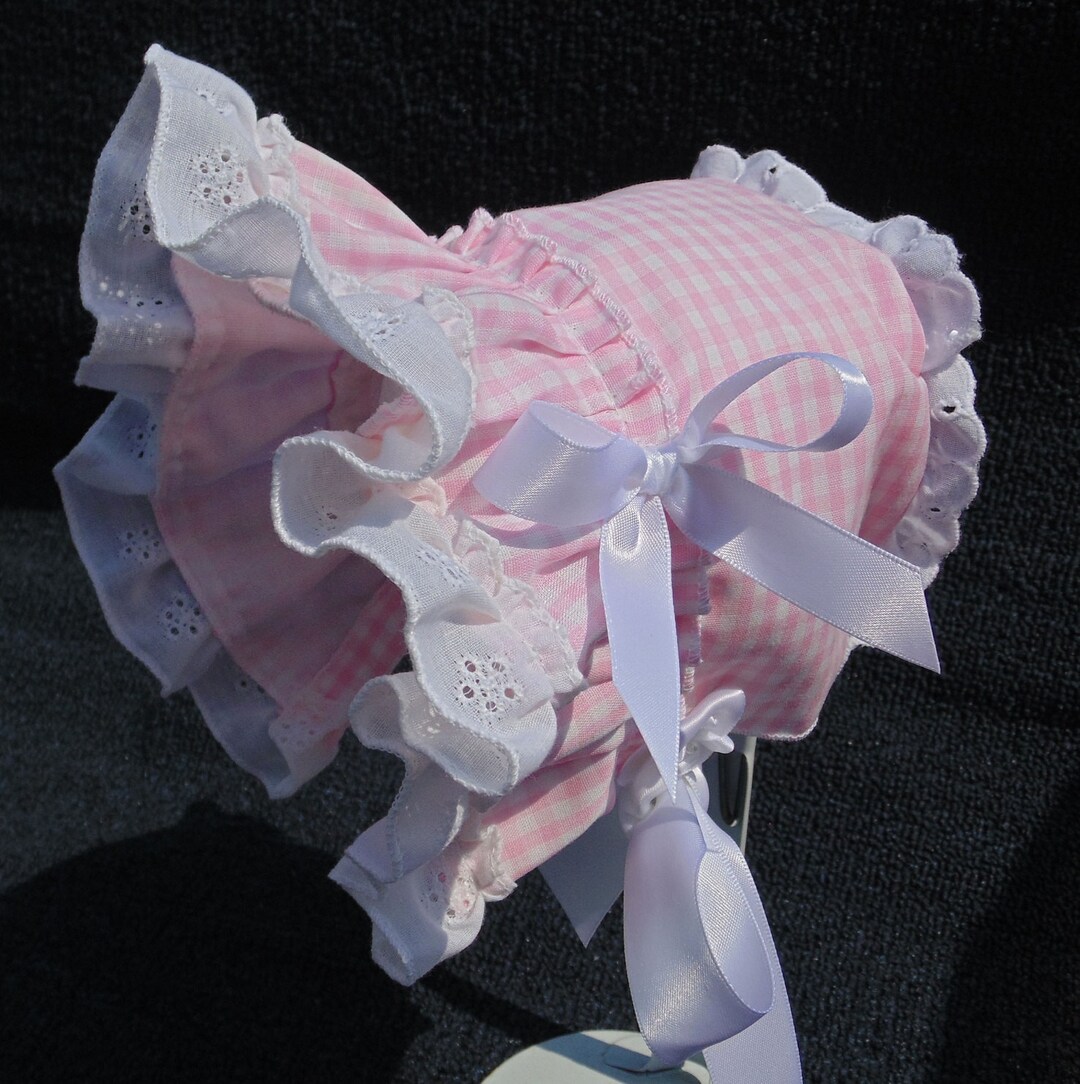 New Handmade Pink Gingham With White Cotton Eyelet Lace Baby Sun Bonnet ...
