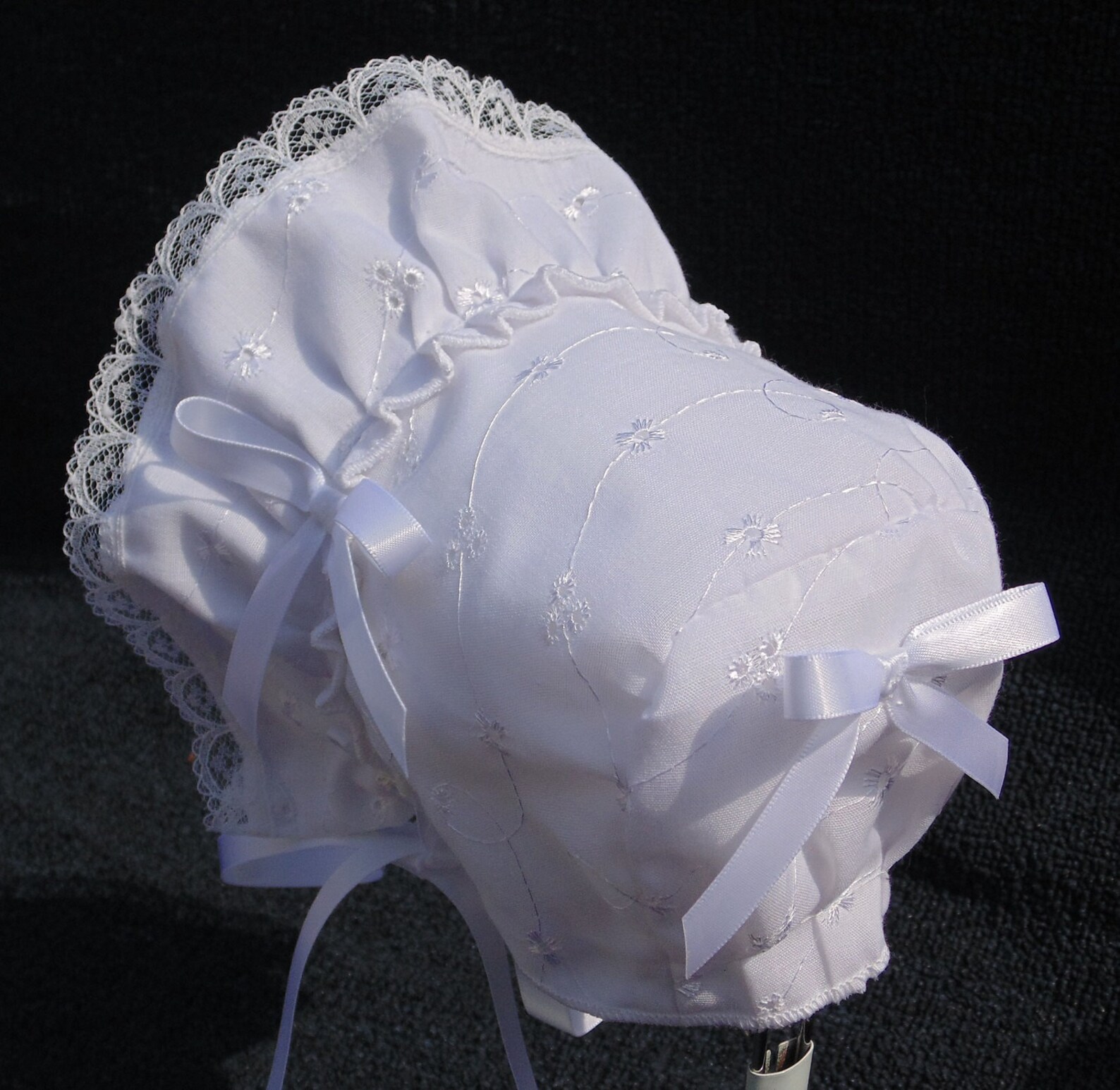 New Handmade White Eyelet Bonnet With 3/8 White Satin Ribbon Bows and ...
