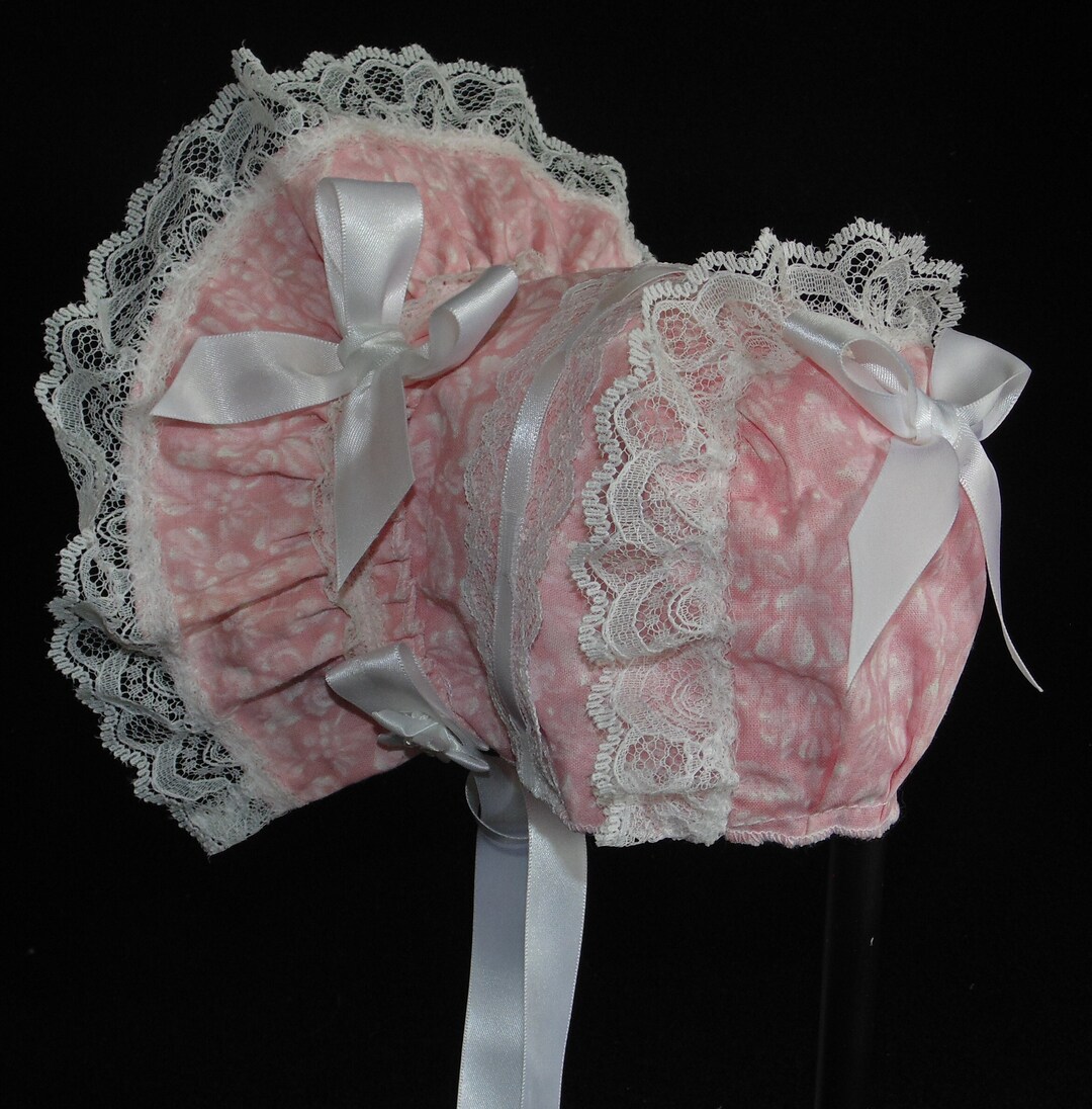 New Handmade Pink Floral Cotton With White Lace and Bows Baby Bonnet - Etsy