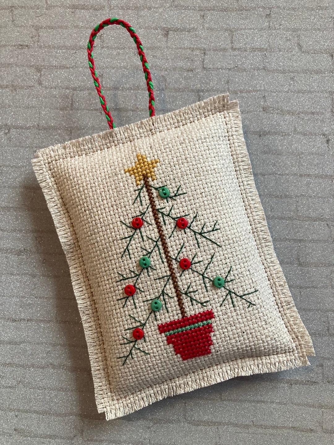 Personalized Button Tree Cross Stitch Ornament, Farmhouse Christmas ...
