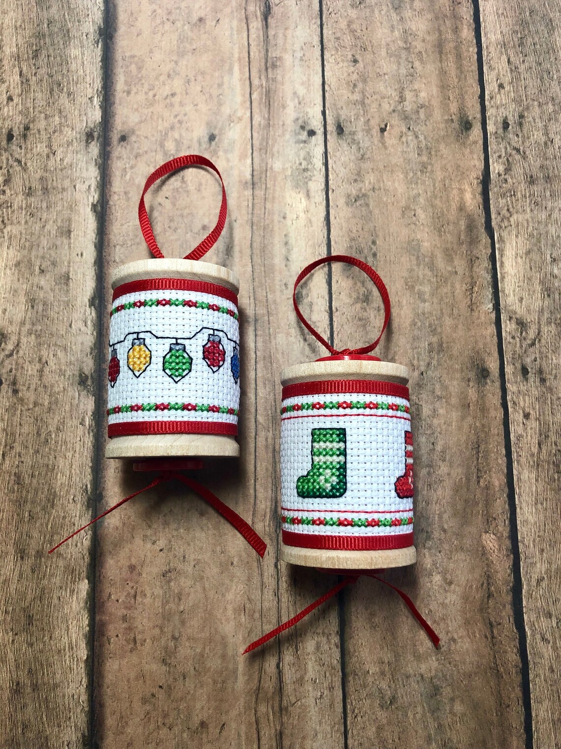 Cross Stitch Spool Christmas Ornaments, Holiday Tree Decor, Gift for ...