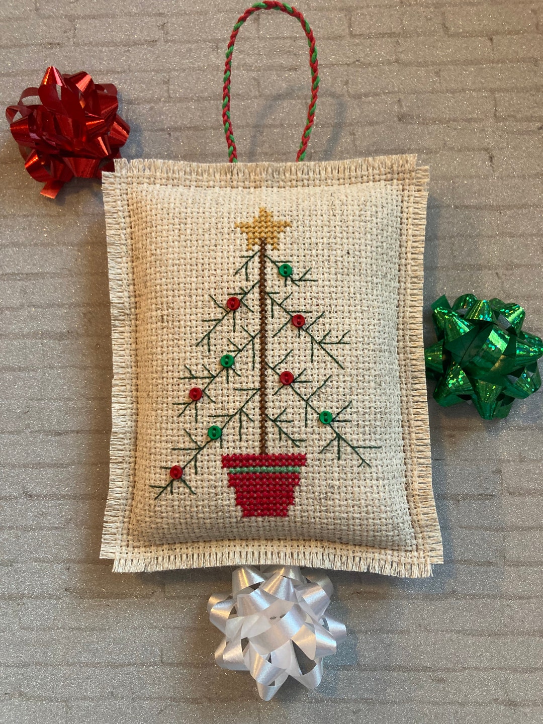 Cross Stitch Button Tree Ornament, Crafty Christmas Decoration, Folk ...