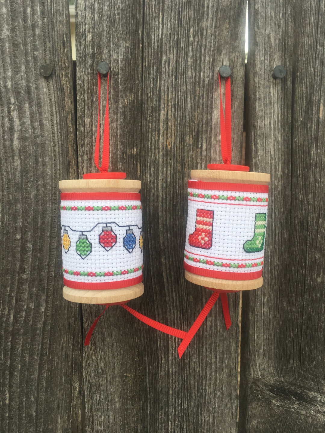 Cross Stitch Spool Christmas Ornaments, Holiday Tree Decor, Gift for ...