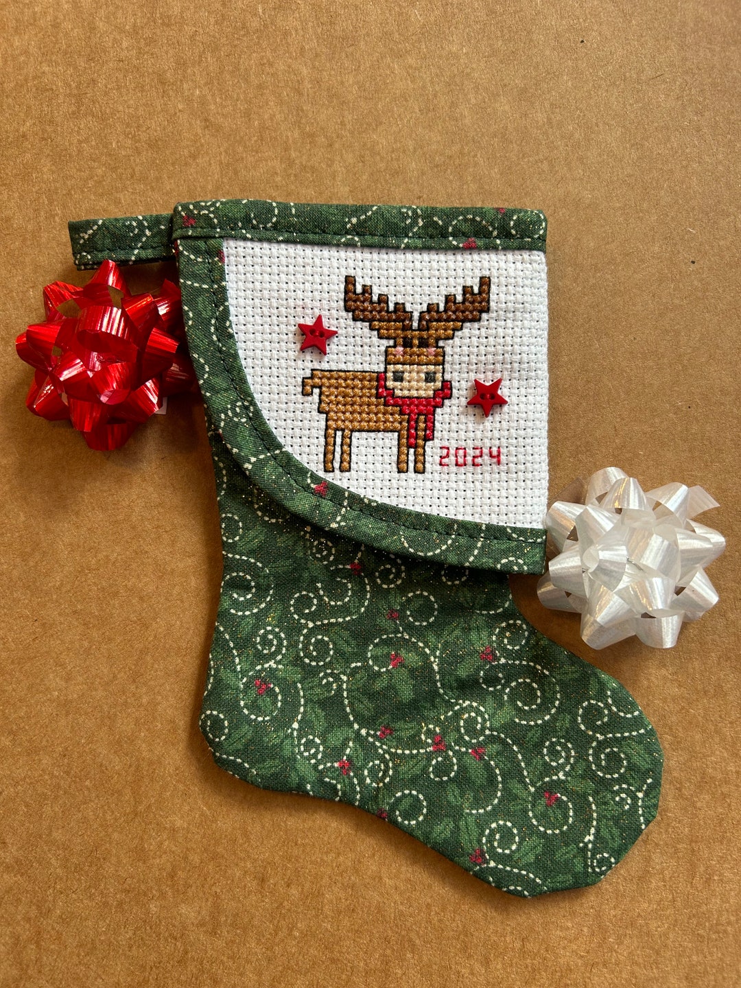 Moose Cross Stitch Mini Stocking, Personalized Christmas Ornament, Tree Decoration, Gift for ...