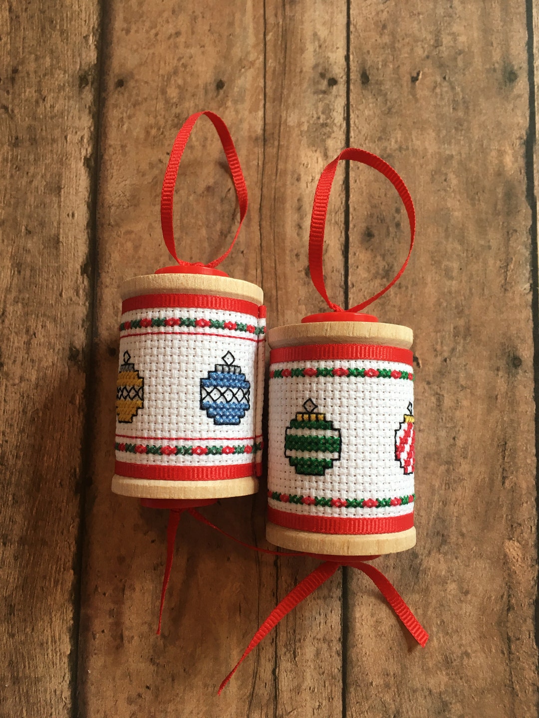 Wood Sewing Spools Cross Stitch Ornaments, Christmas Tree Ornament, Set ...