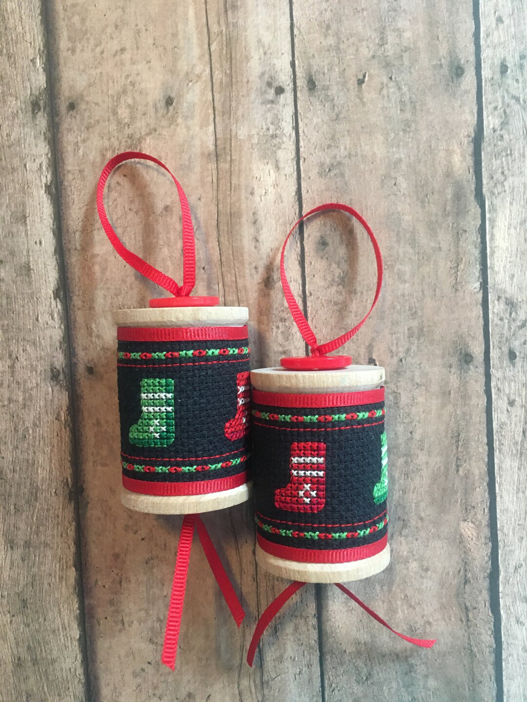 Wood Spools Cross Stitch Ornaments, Christmas Tree Decorations, Set of ...