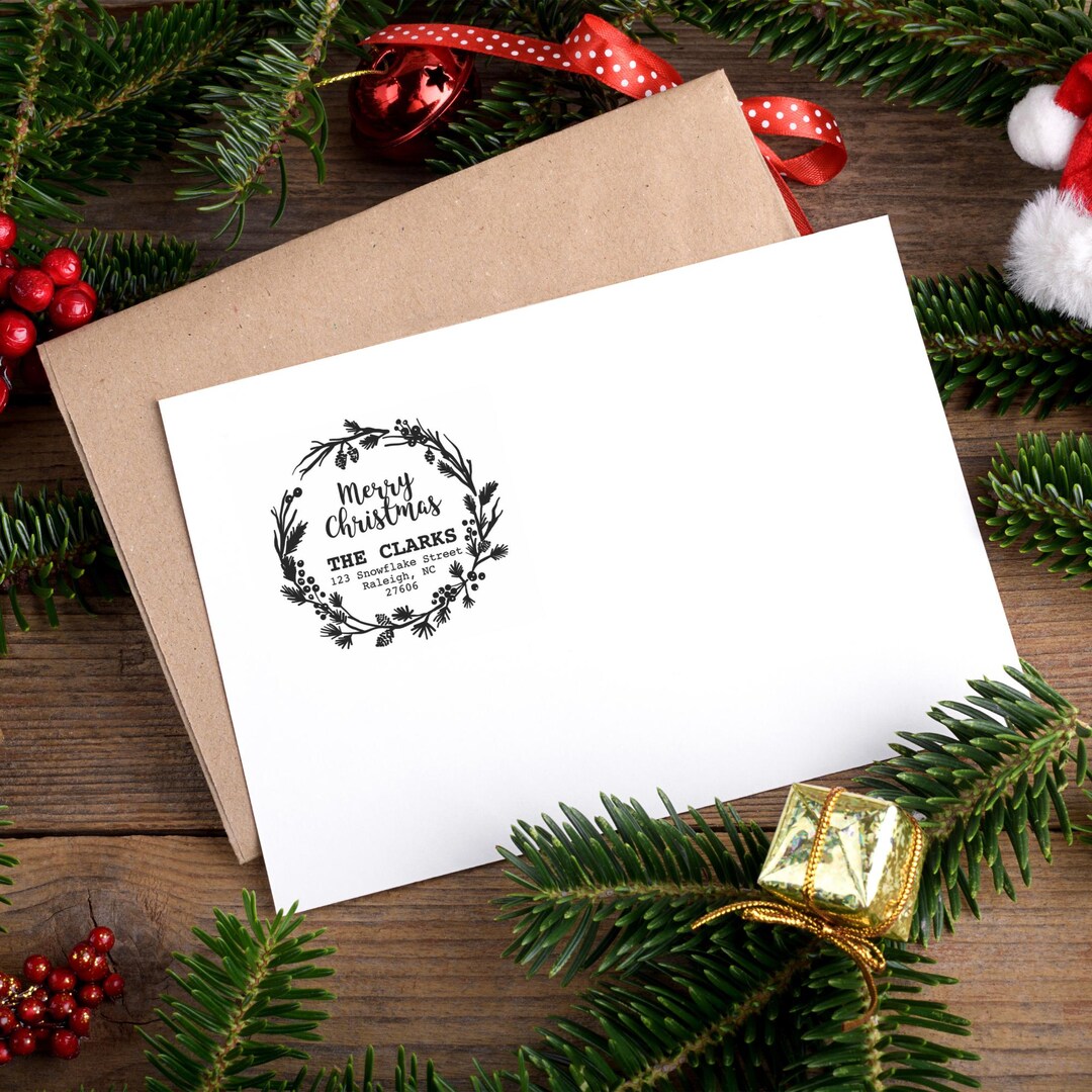 Christmas Return Address Stamp, Christmas Wreath Stamp, Holiday Address ...