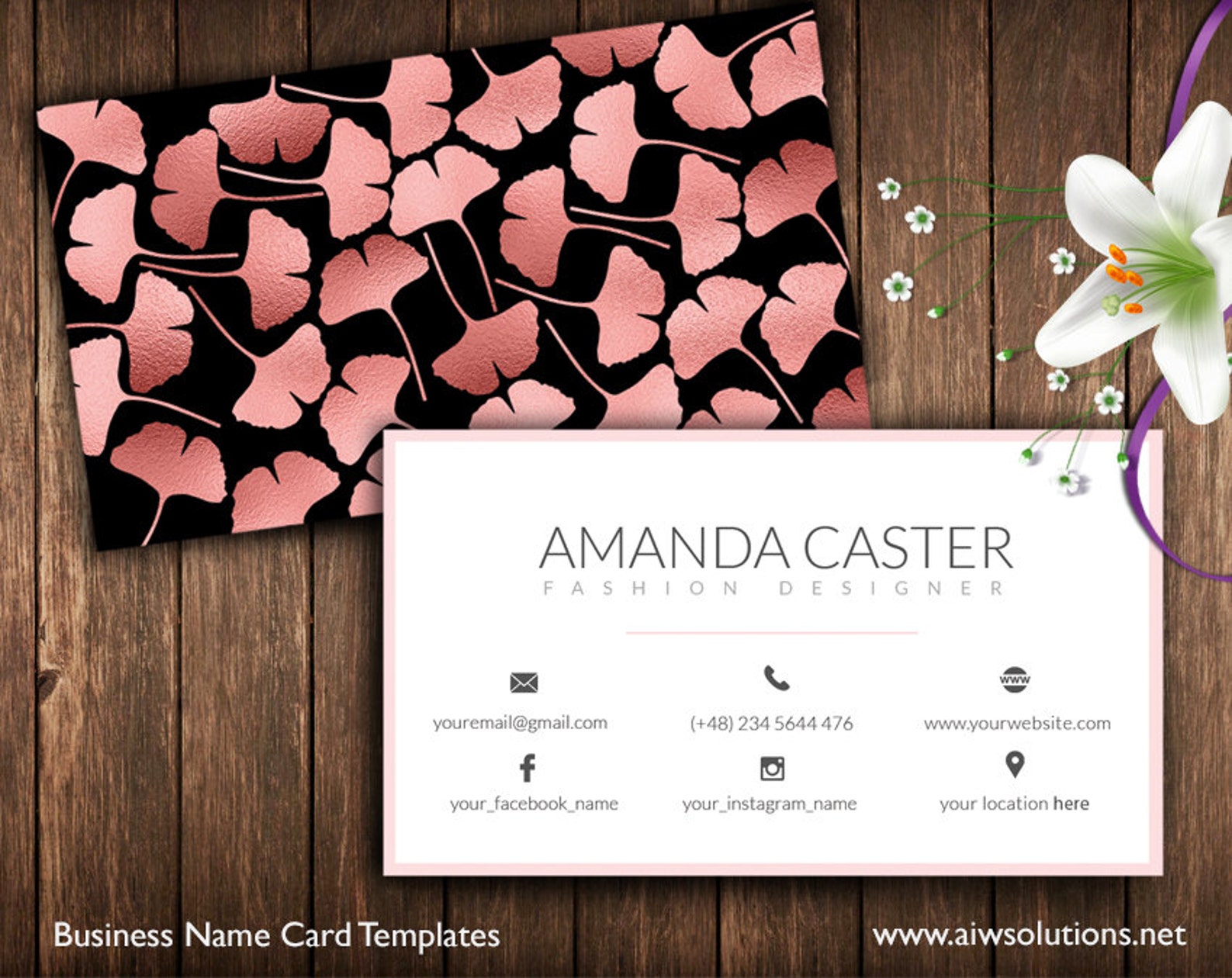 Rose Gold Ginkgo Leaves Name Card Name Card Template - Etsy