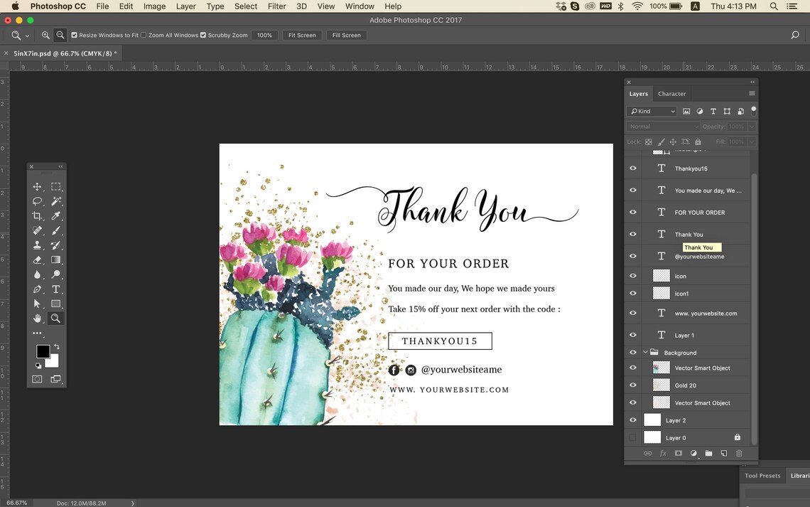 Green Cactus and Gold Glitter Thank You Card Templates,thank You ...