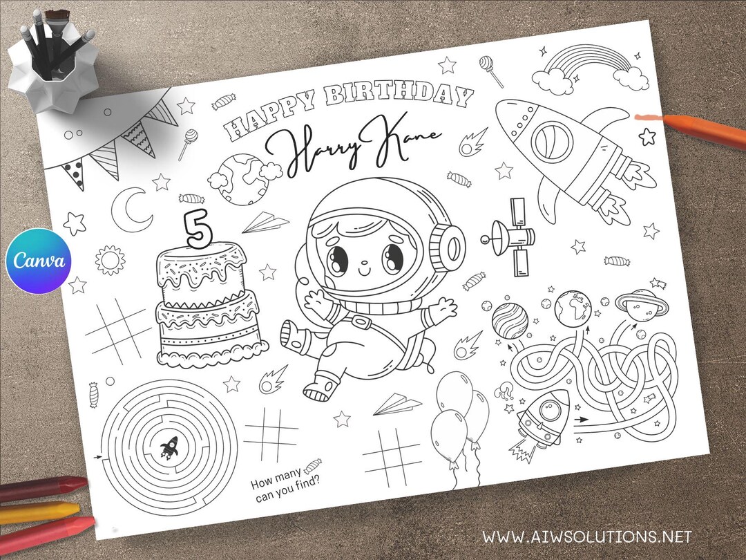 Editable Astronaut Coloring Placemat, Outer Space Birthday Coloring ...