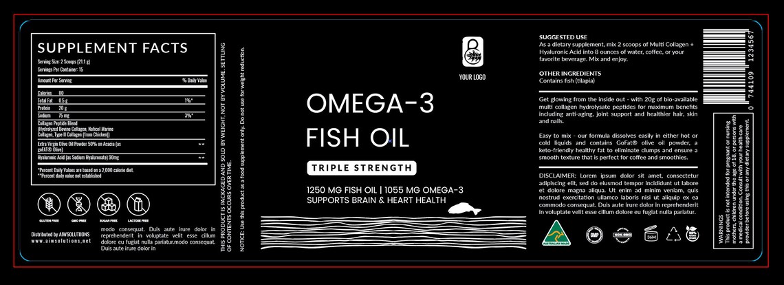 Omega 3 Label Template – Black Style Label Template, Illustrator Label ...