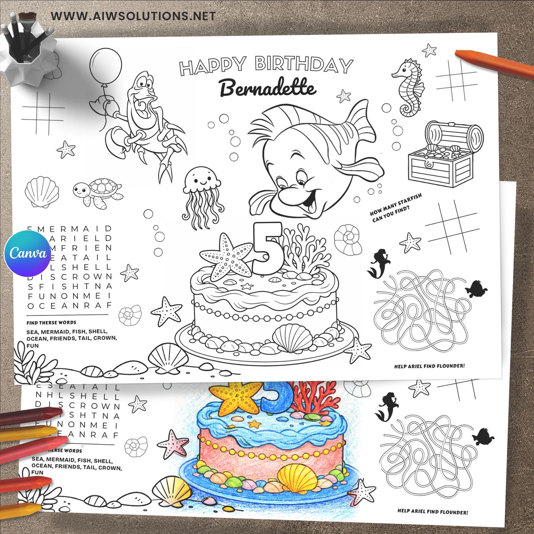 Editable Under the Sea Coloring Page, Personalized Mermaid Birthday ...