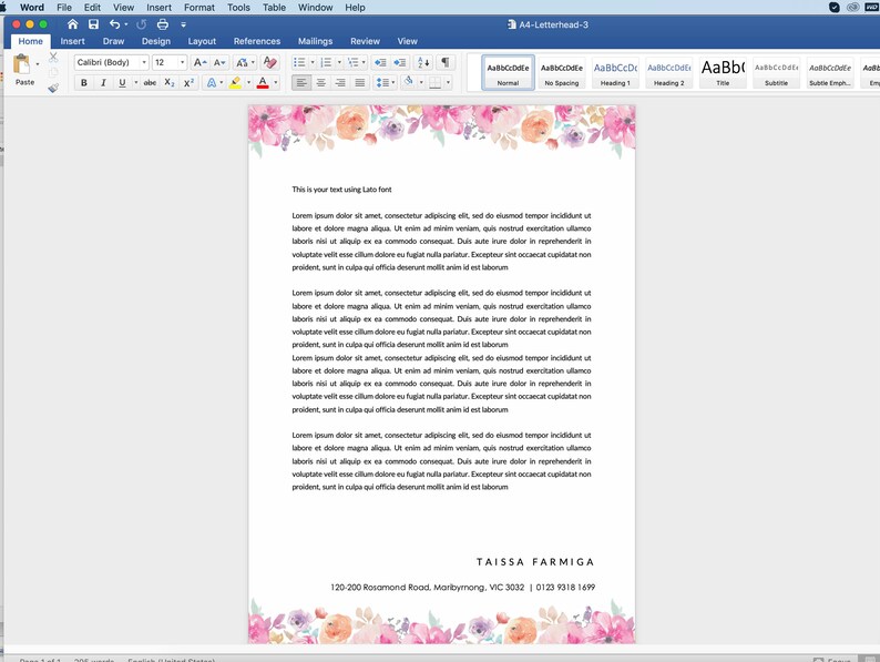 Personal Letterhead Template Romantic Stationery Corporate - Etsy