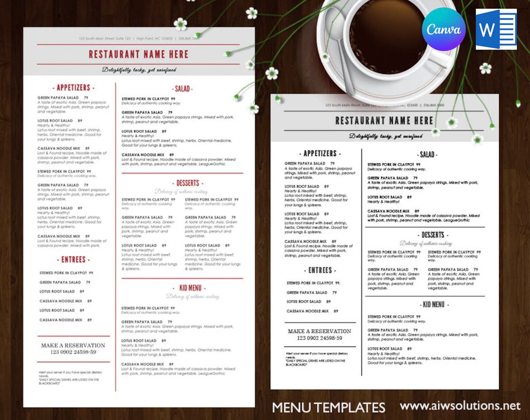 Canva Food Menu Templates, Printable Restaurant Menu Template, Elegant ...