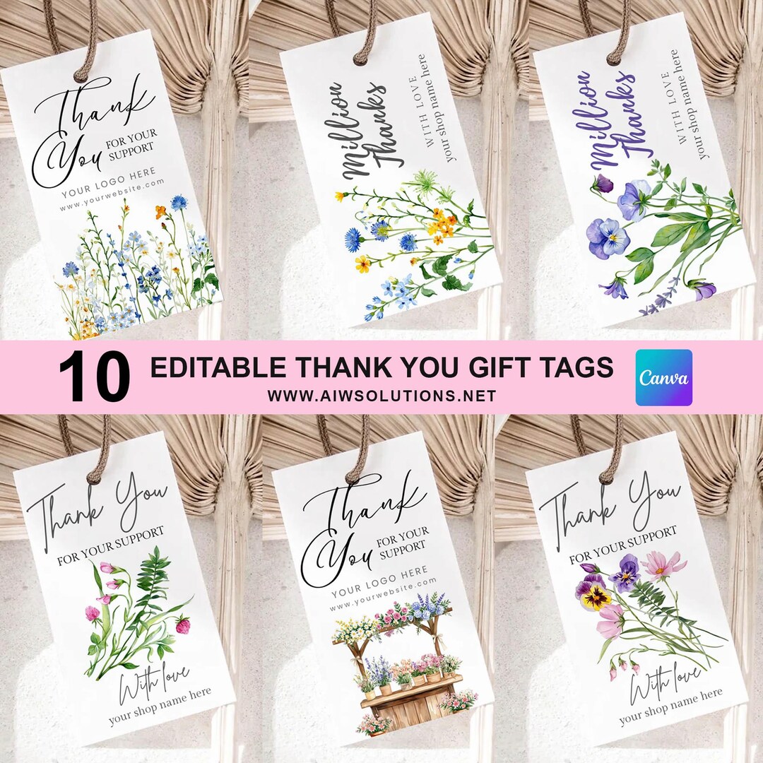 Editable Floral Thank You Gift Tag Bundle, Watercolor Flower Thank You ...