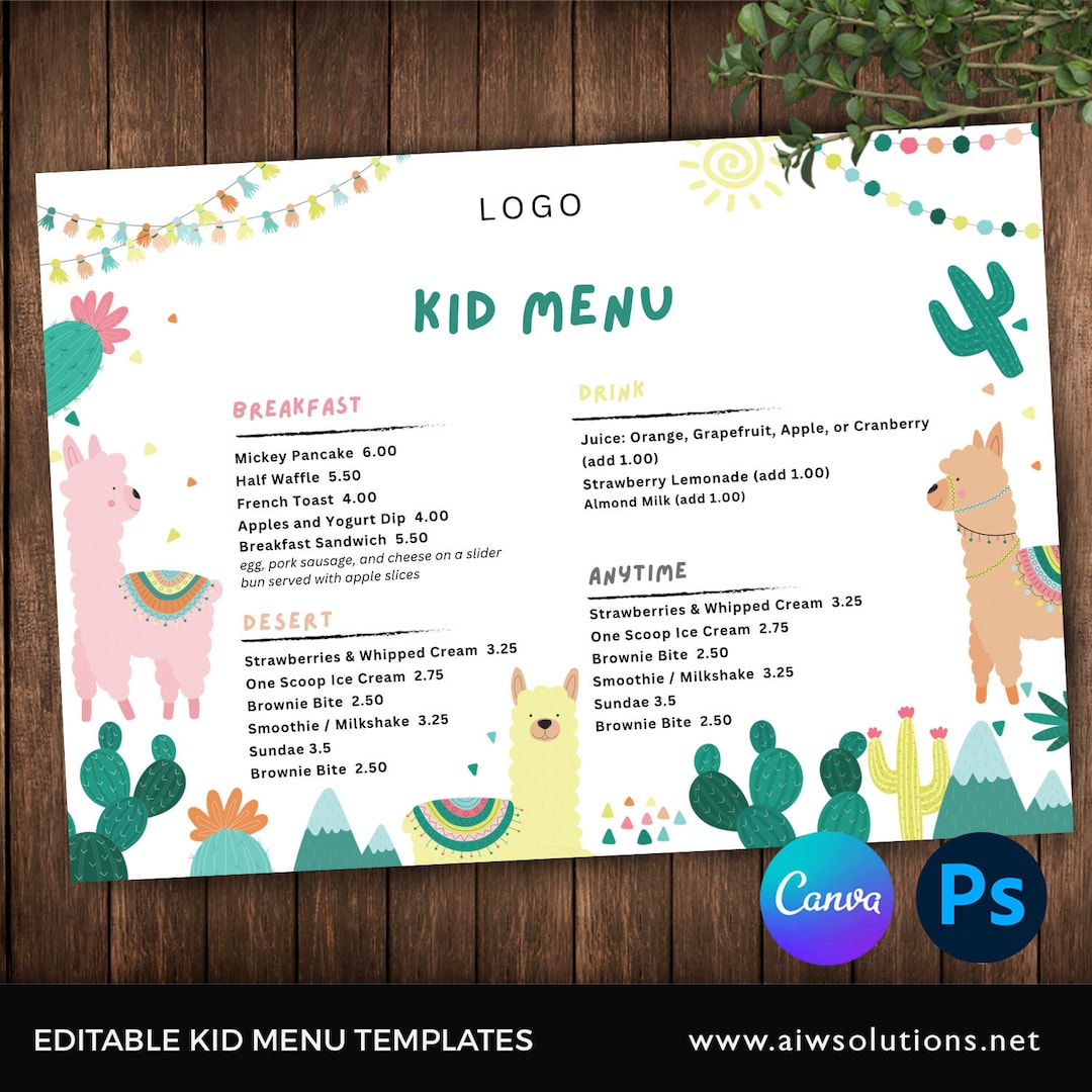 Cute Kid Menu, Kid Menu With Cactus and Llama, Kid Birthday Menu ...