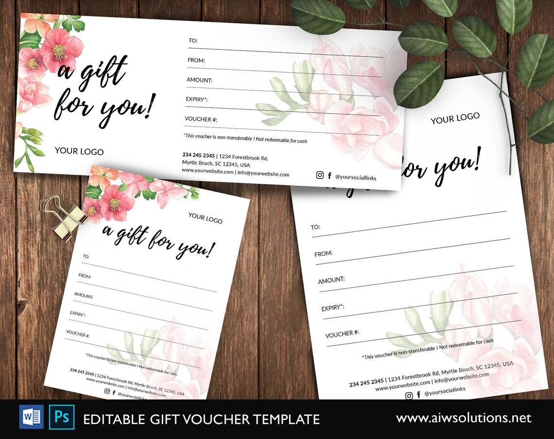 Floral Gift Certificate Template Gift Voucher Template Gift - Etsy