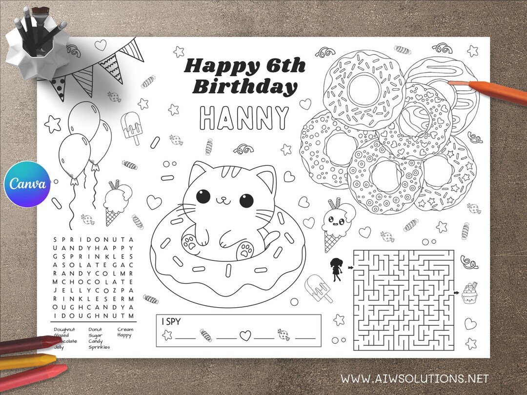 Cat and Donut Activity & Coloring Page, Donut Birthday Party Coloring ...