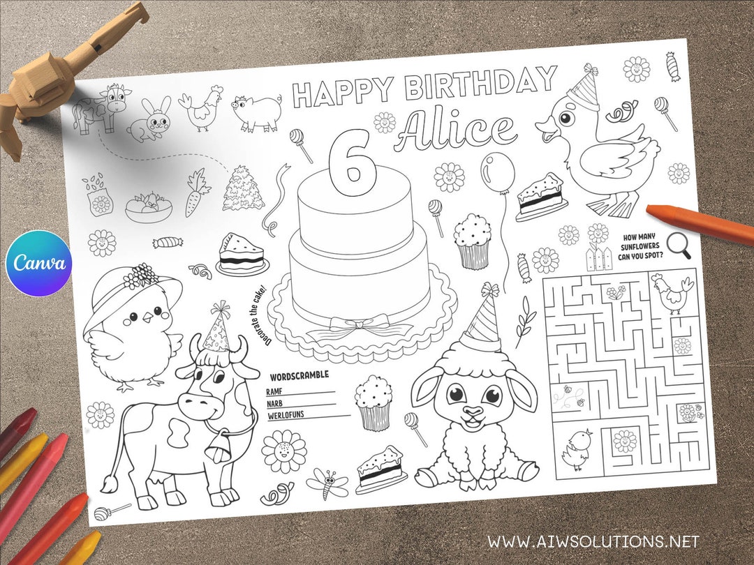 Farm Animal Activity & Coloring Page, Cute Birthday Party Placemat ...