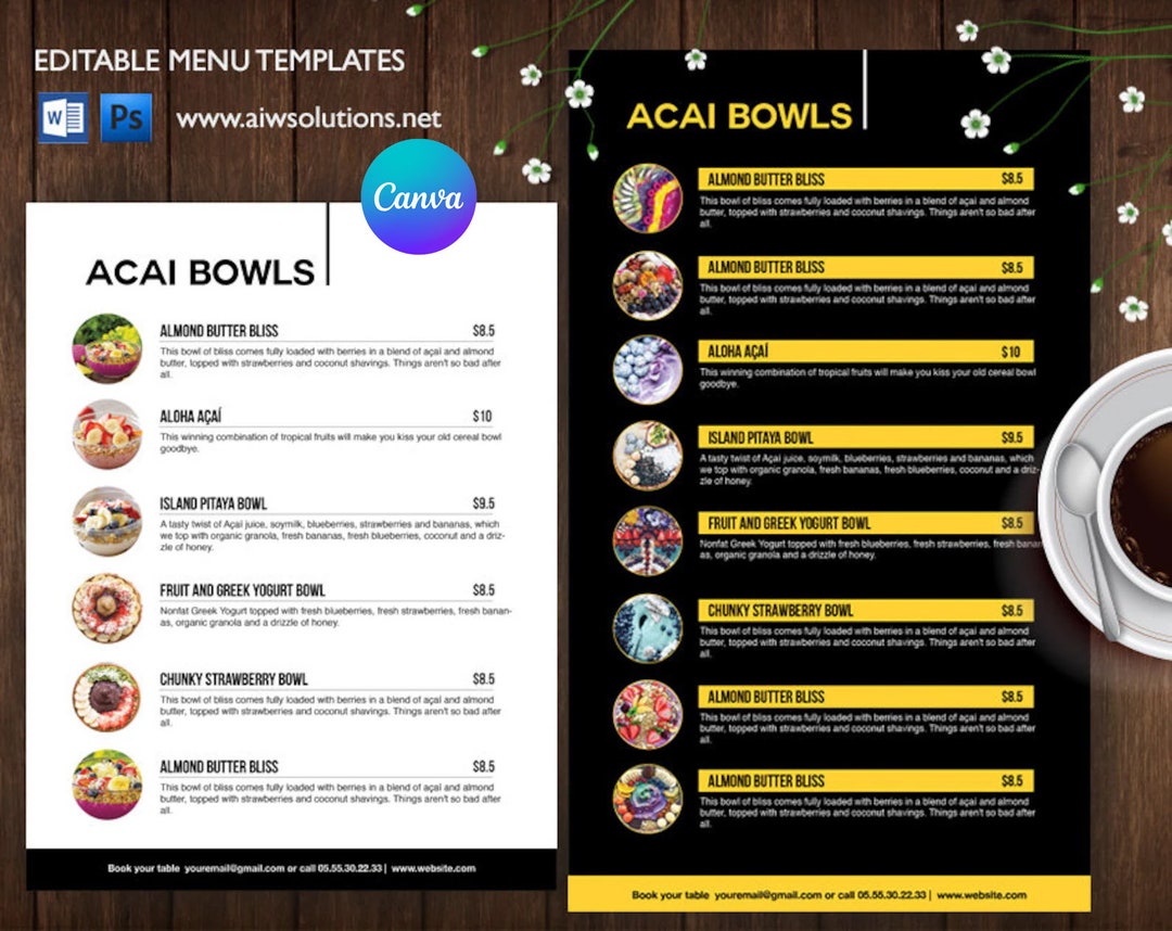 CANVA Smoothie Menu Template, Acai Bowls Menu Template, Editable ...