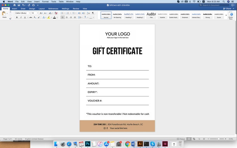 Simple Gift Voucher Template Gift Certificates Word Template | Etsy