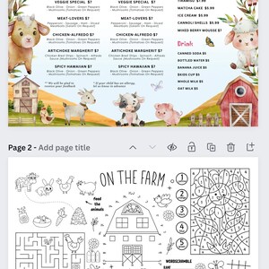 Cute Farm Animals Kid’s Menus,children’s Activity Placemats for ...