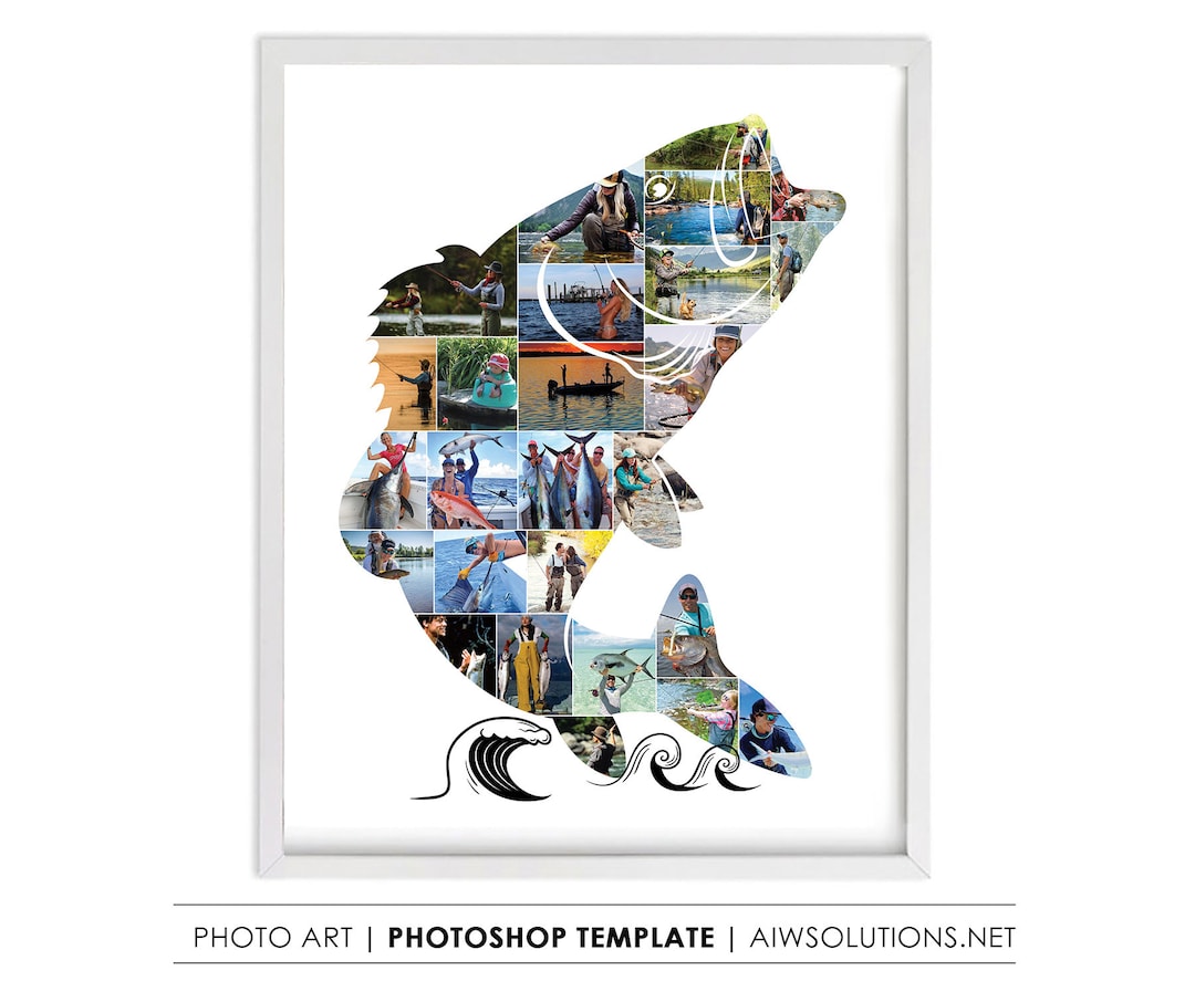 Fishing Photo Collage Template, Fish Shape, Fishing Art Shape Template ...