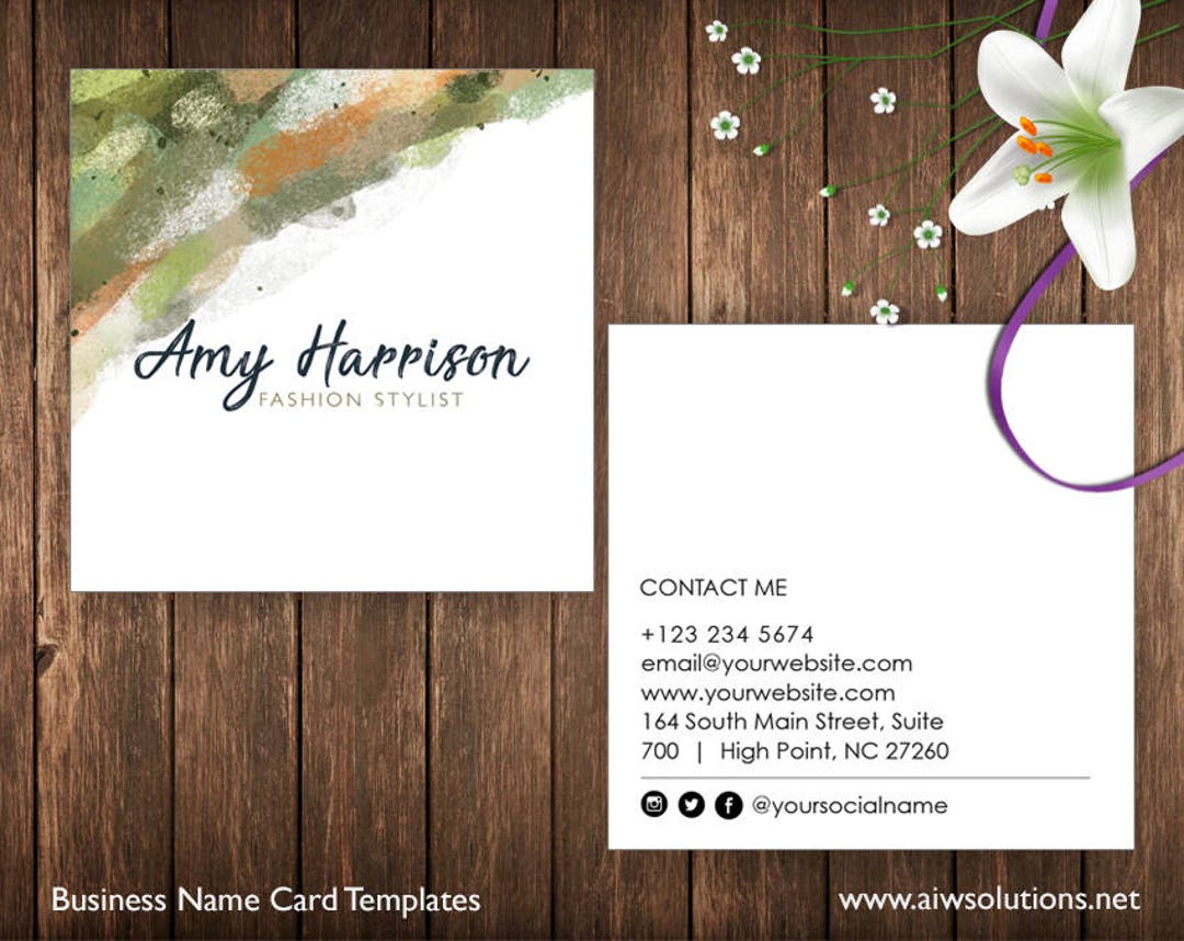 Square Business Card Template,green Brown Abstract Name Card Template ...