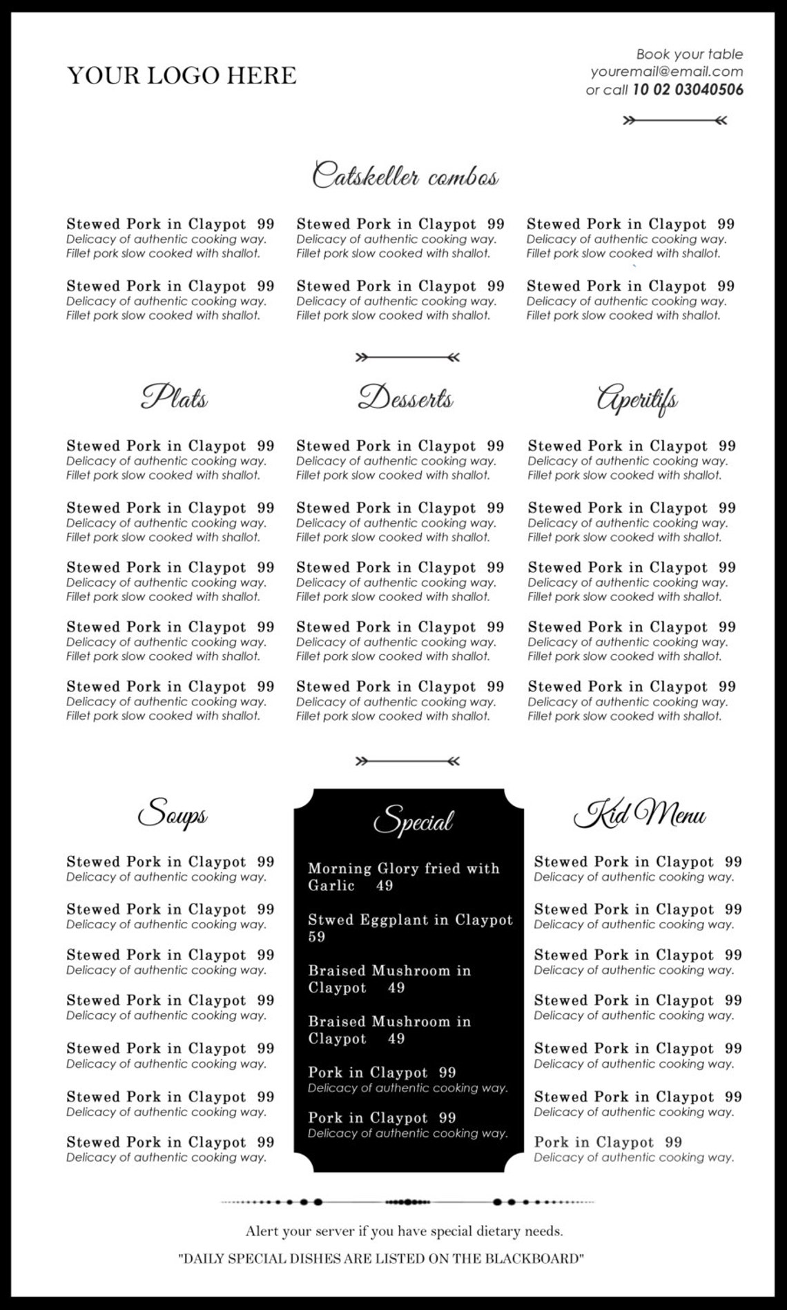 Food Menu Templates Printable Restaurant Menu Template | Etsy