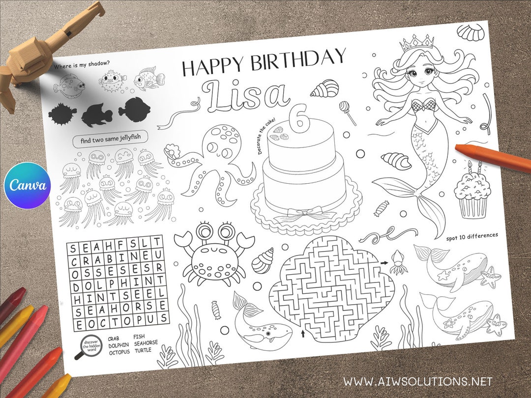Personalized Mermaid Birthday Coloring Sheet, Cute Birthday Party ...