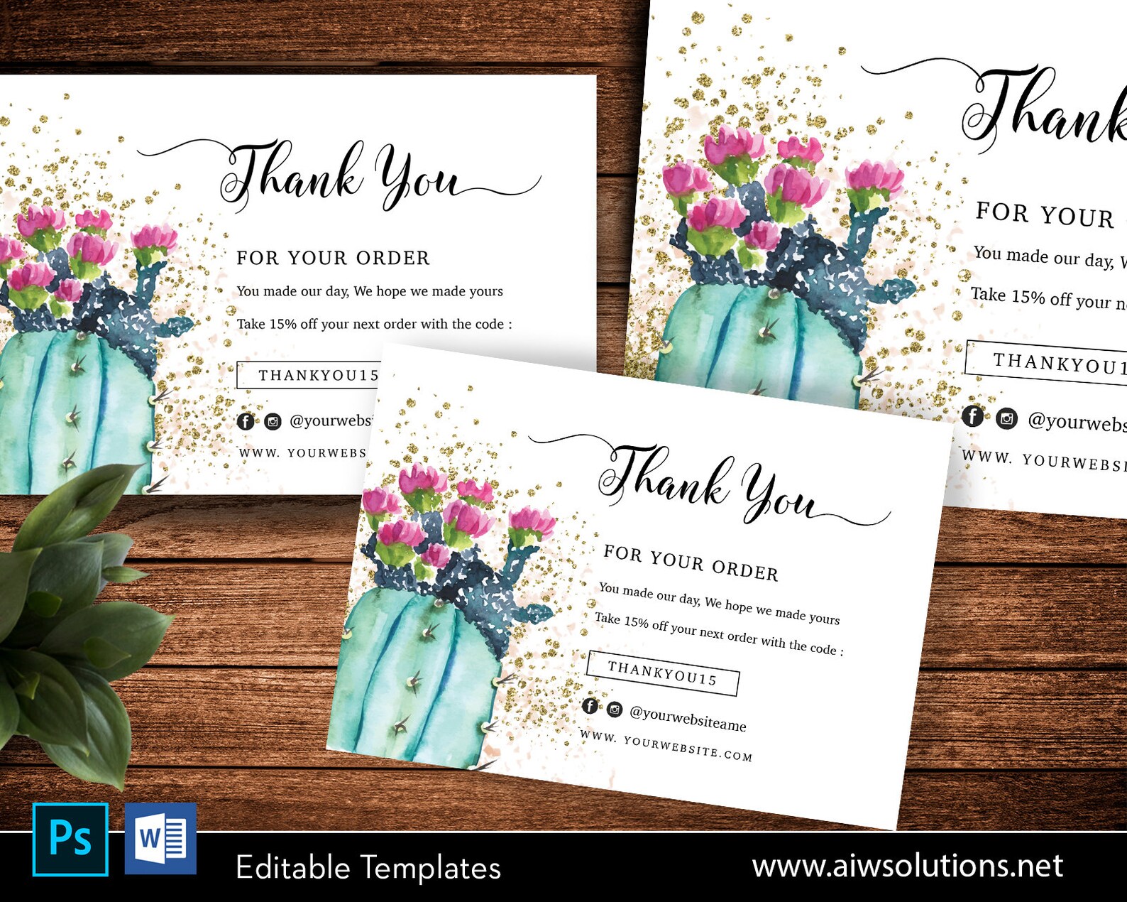 Green Cactus and Gold Glitter Thank You Card Templates,thank You ...