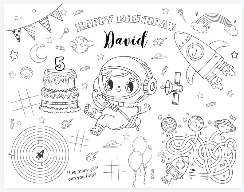 Editable Astronaut Coloring Placemat, Outer Space Birthday Coloring ...