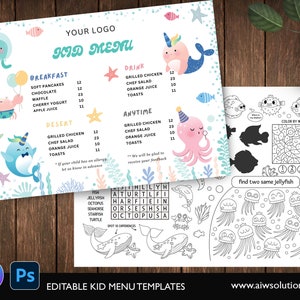 Cute Kid Menu With Sea Animals,kid’s Activity Placemats for Restaurants ...
