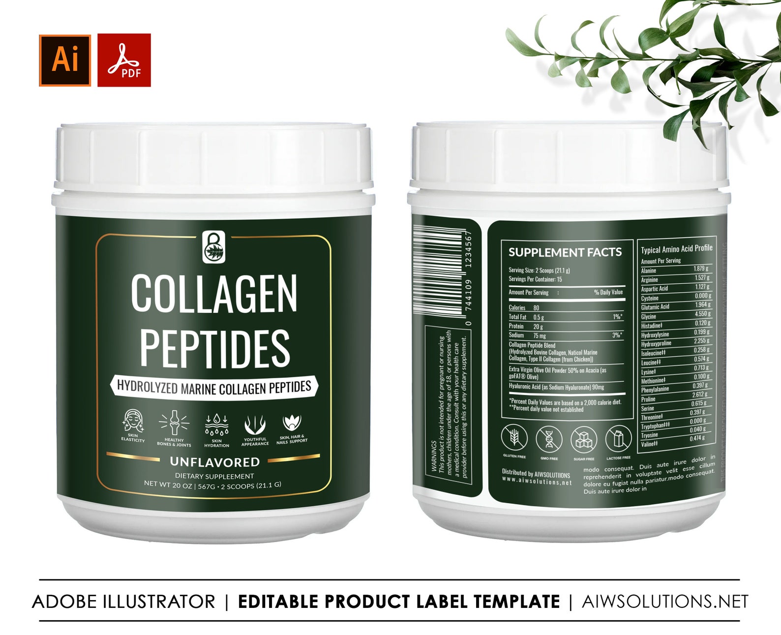 Collagen Label Template, Dark Green Color Style Label Template , Beauty ...