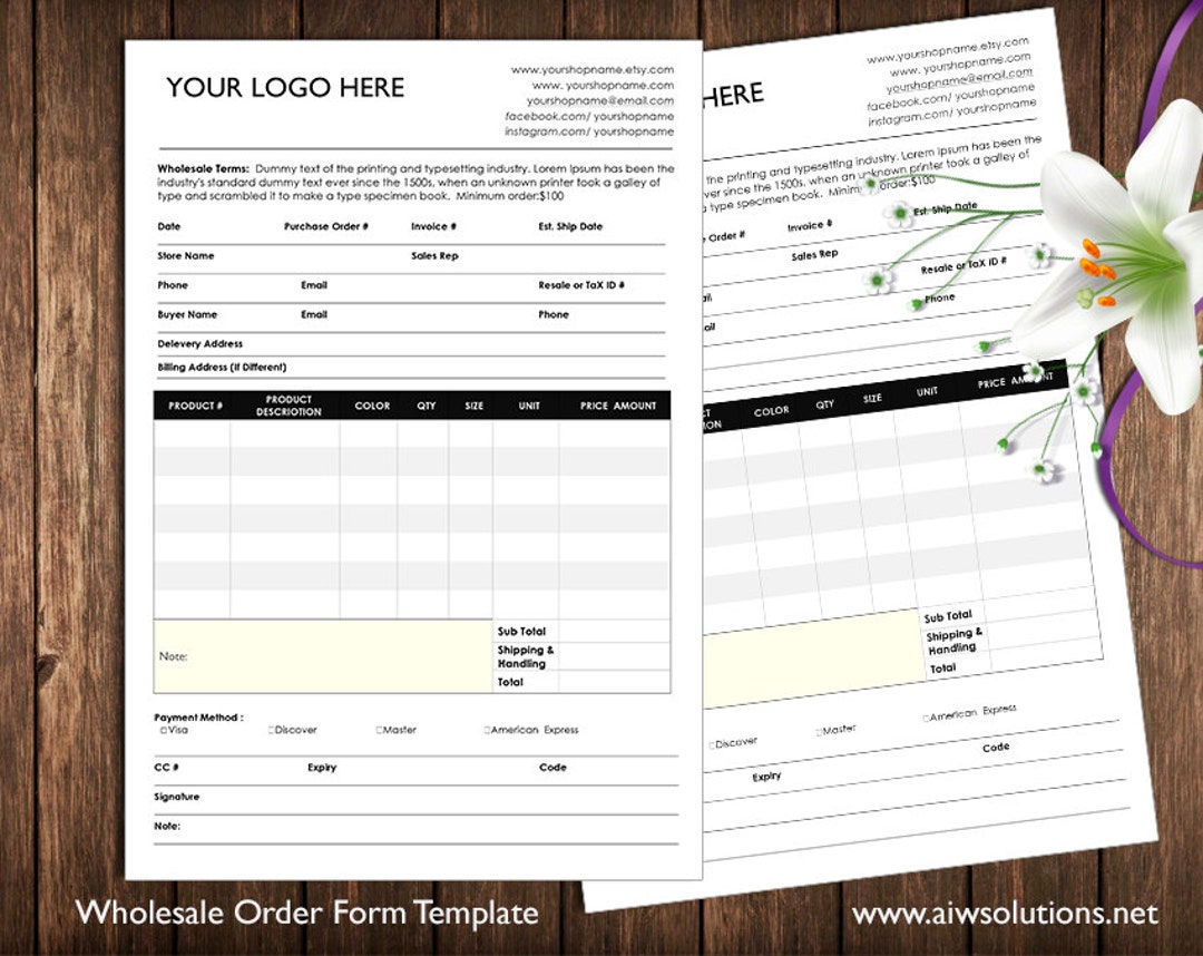 Order Form and Price Sheet on One Page and 2 Pages, Wholesale Order ...