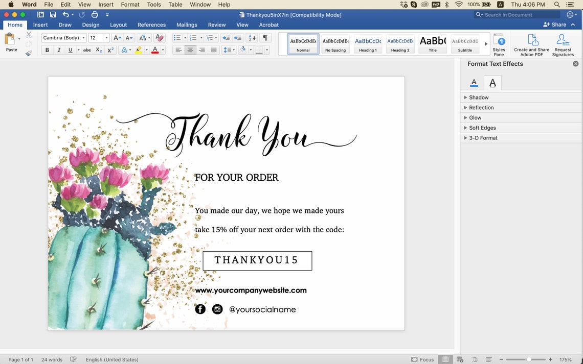 Green Cactus and Gold Glitter Thank You Card Templates,thank You ...